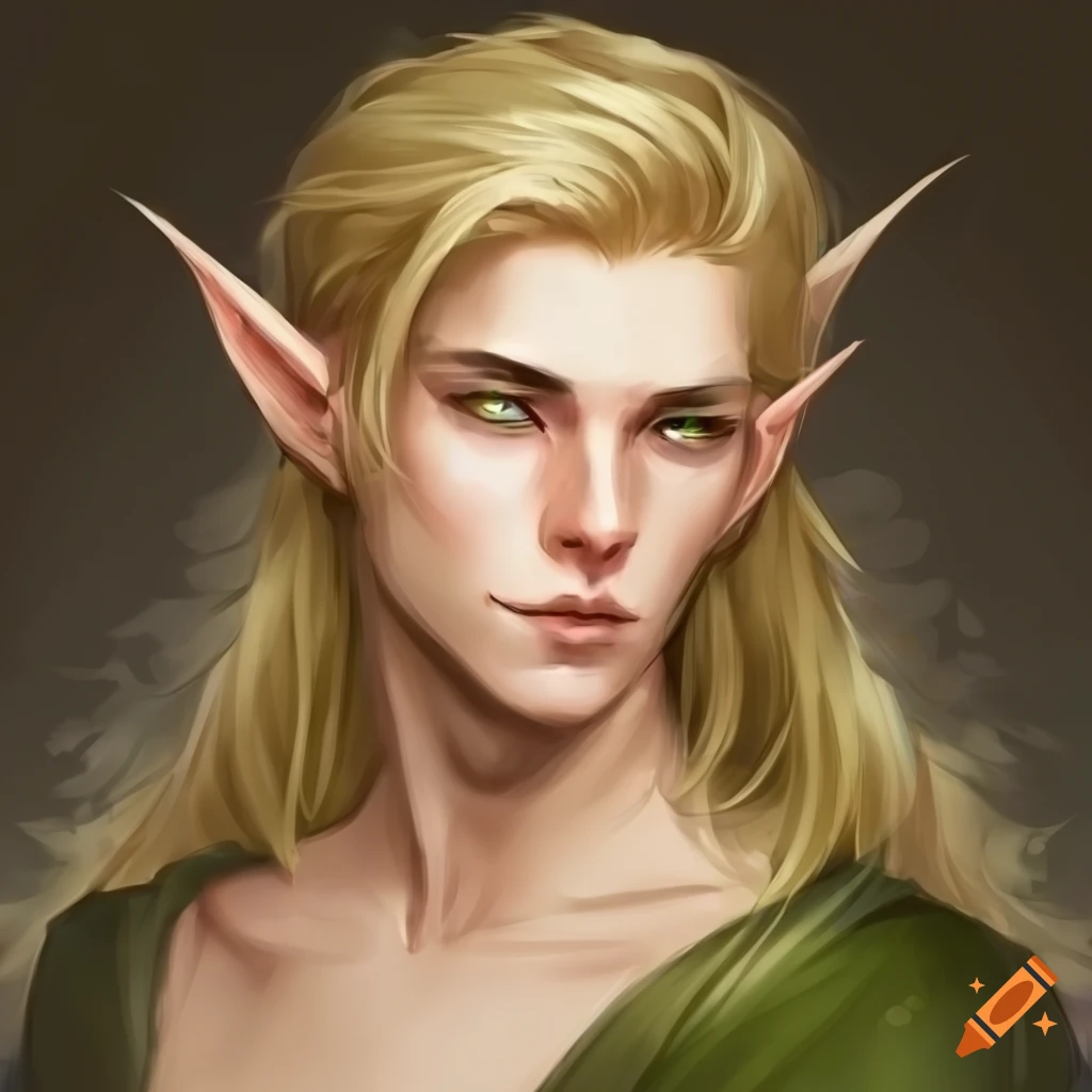 Art of a young elf with pointy ears and green eyes