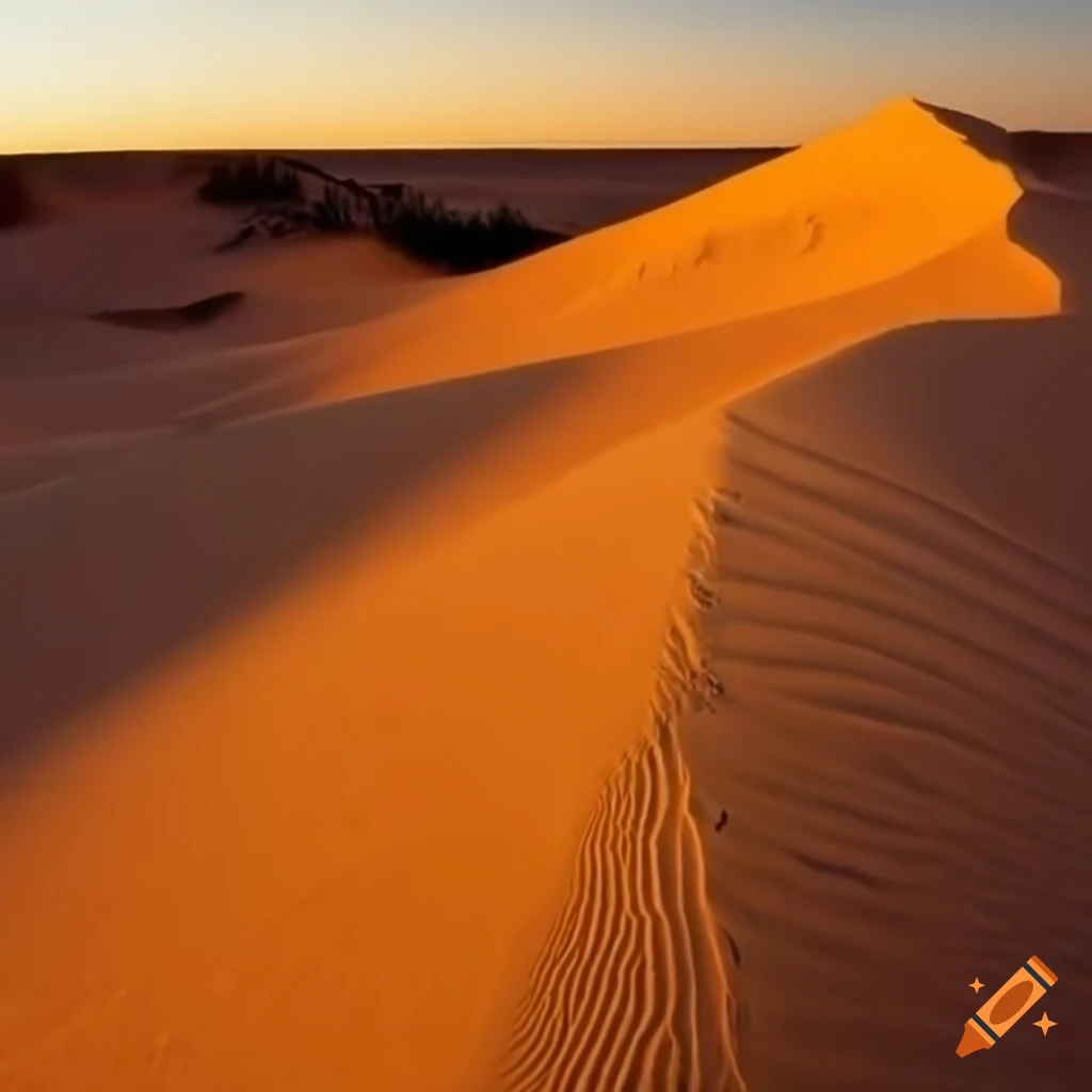 Sunset over sand dunes in the desert on Craiyon