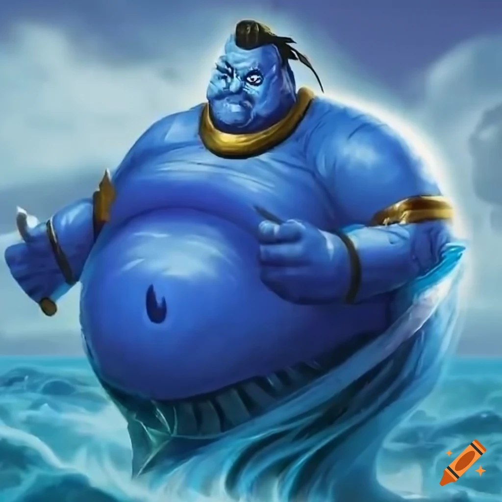 Blue genie flying over the ocean