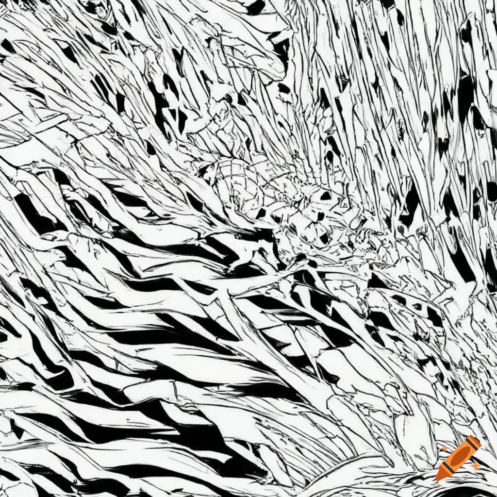 Highly detailed black and white manga panel with sharp outlines on Craiyon