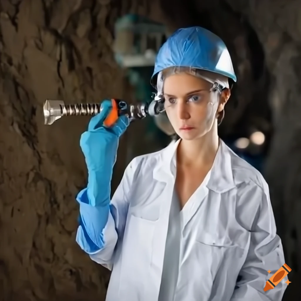 Female scientist working with a drill in a mine on Craiyon