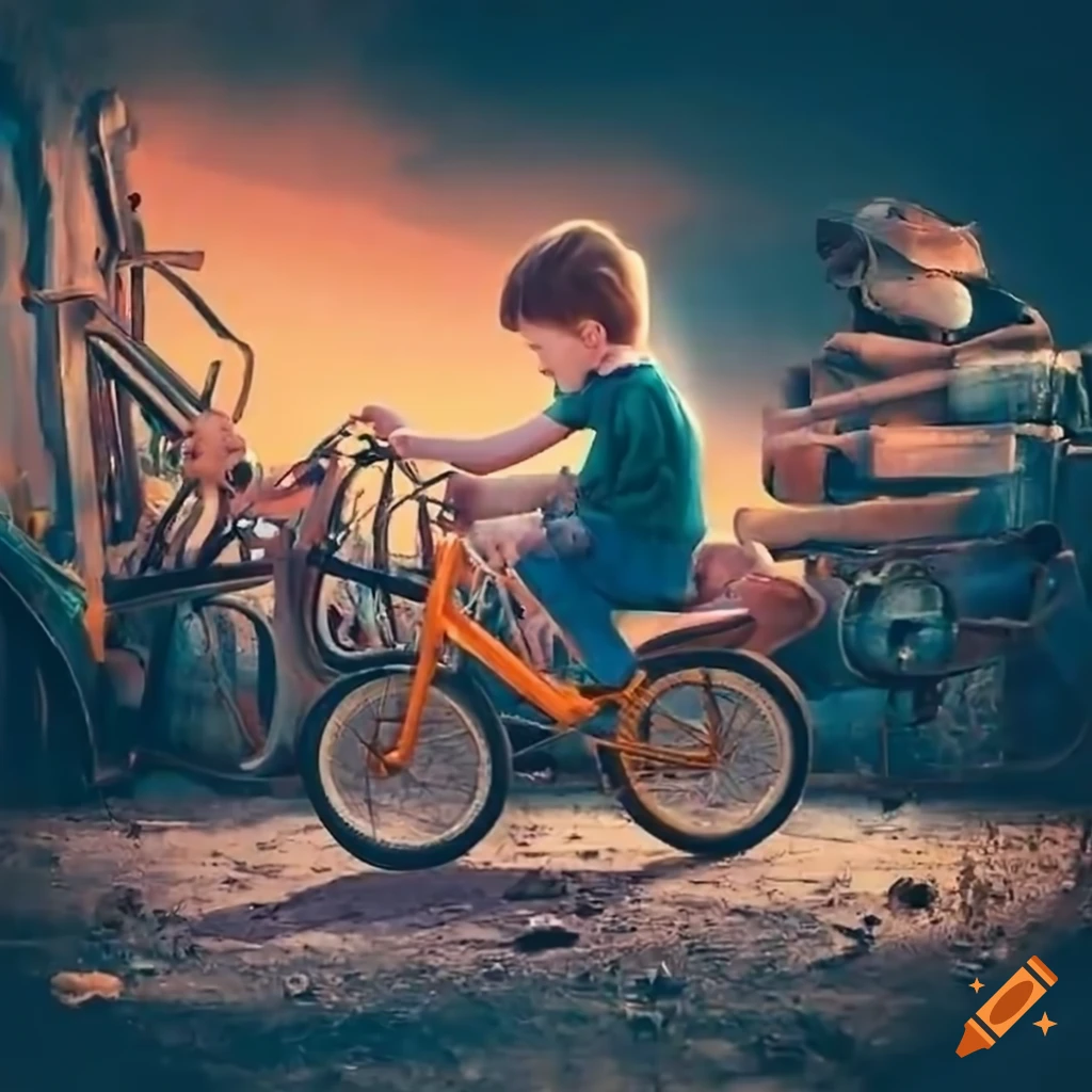 Boy riding bicycle in a junkyard on Craiyon