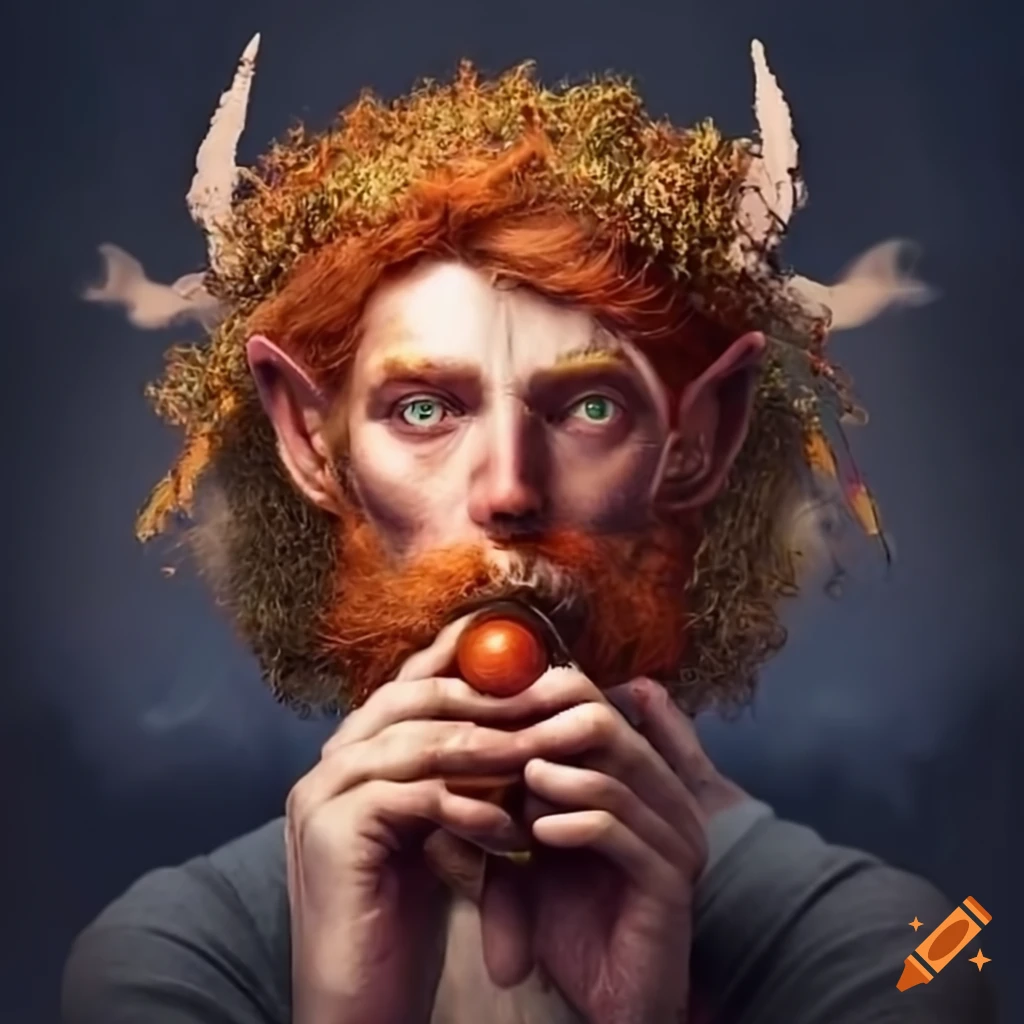 Ginger wizard smoking a pipe with a crown of twigs on Craiyon