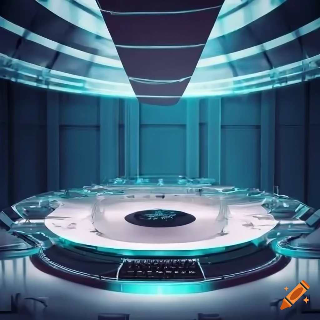 Futuristic computer setup on a stage on Craiyon