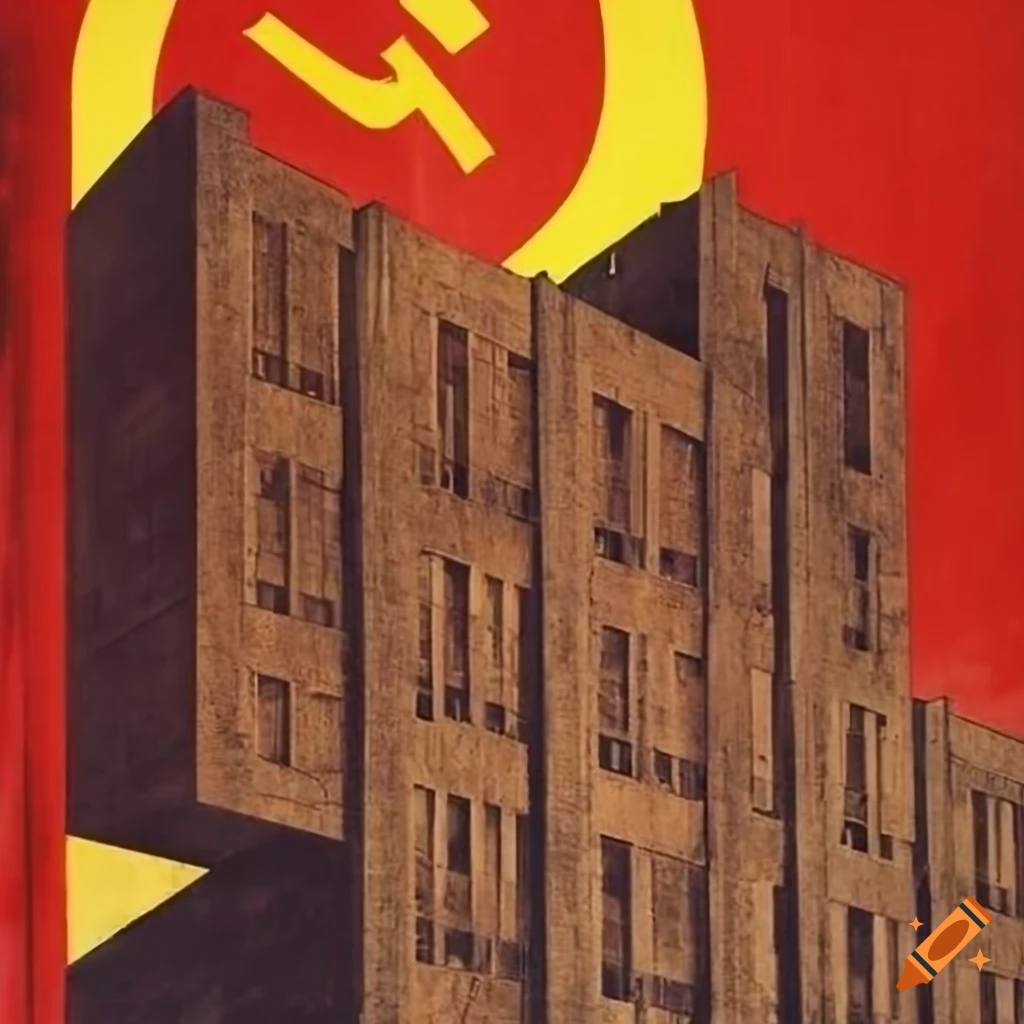 Soviet propaganda poster with brutalist architecture in biblical style ...