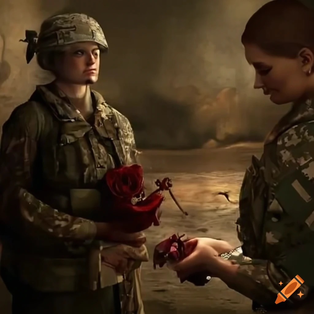 Soldier presenting a rose to a woman on Craiyon