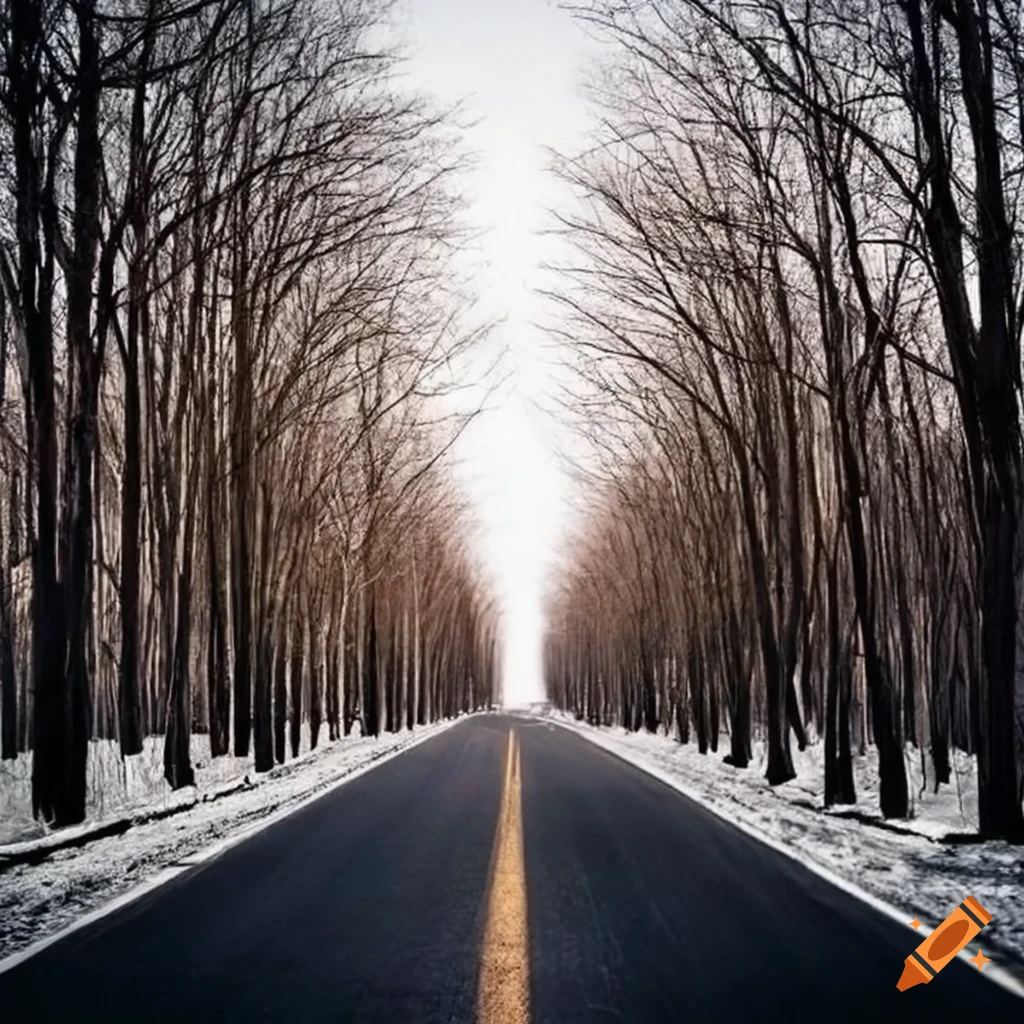 Perspective view of a road lined with bare trees on Craiyon