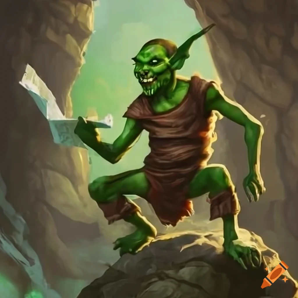 Artwork of a goblin holding a map and pointing