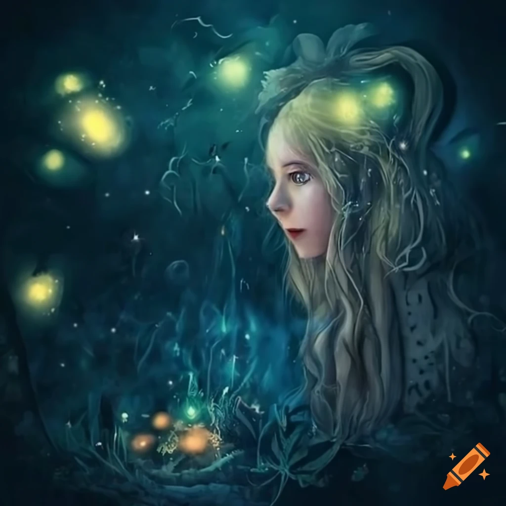 Winter forest with glowing mushrooms and magical fae folk on Craiyon