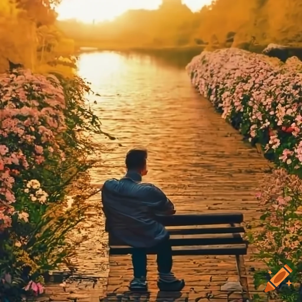 Man sitting on a bench surrounded by flowers at sunset on Craiyon