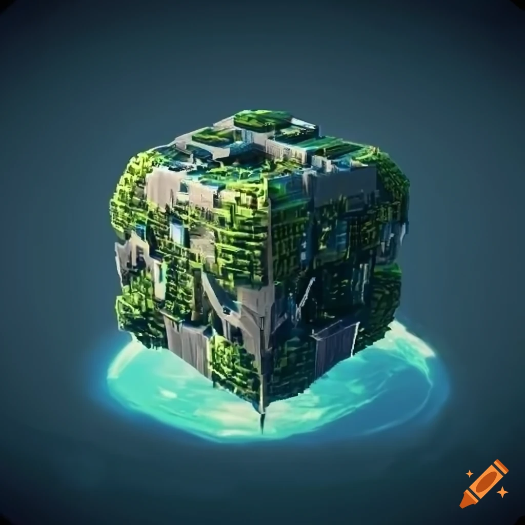 Concept art of a cube-shaped spaceship with a planet-like surface on ...