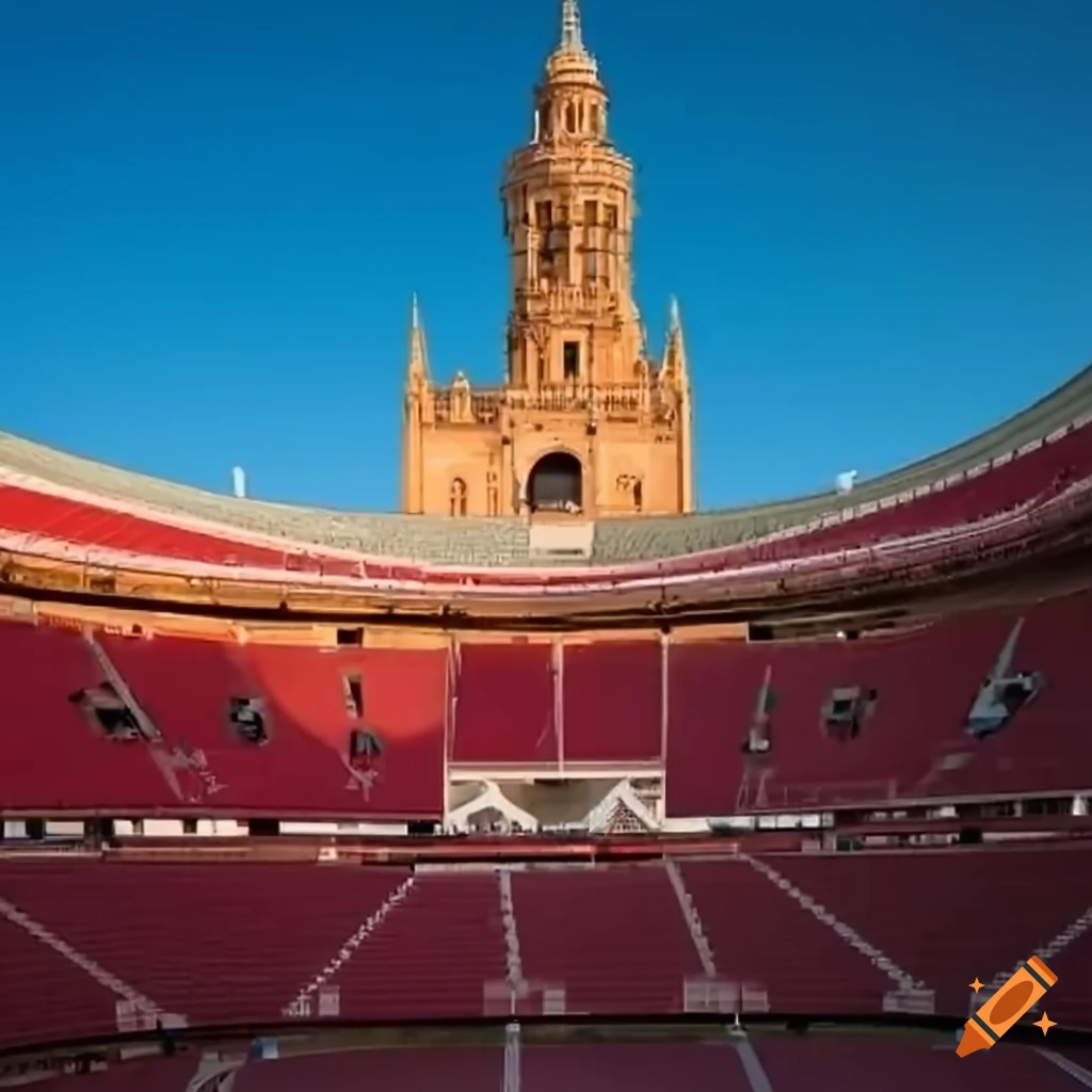 Panoramic view of seville soccer stadium and iconic tower on Craiyon