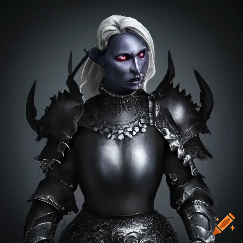 Image of a female drow shadowblade in black armor and mask