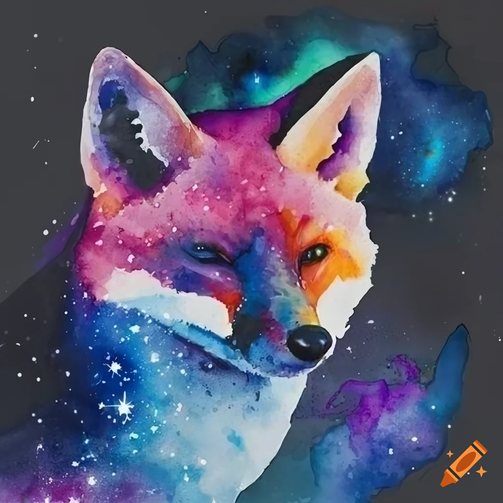 Watercolor of a cosmic galaxy fox on Craiyon