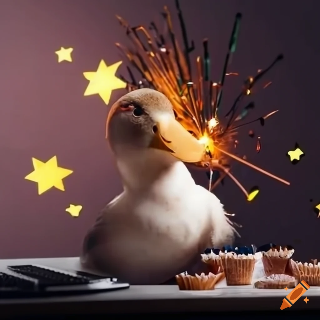 Funny image of a duck using a computer with sparking wires on Craiyon