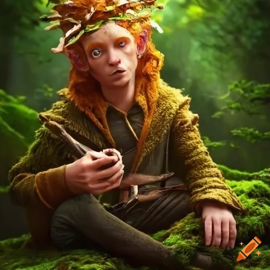 Ginger wizard smoking a pipe in a mossy forest on Craiyon