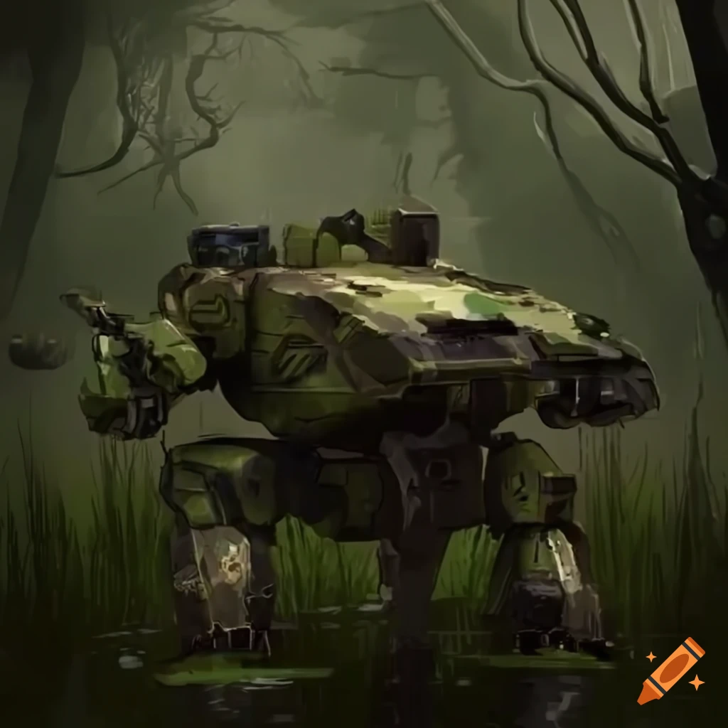 Camouflaged scout Mech in a swamp on Craiyon