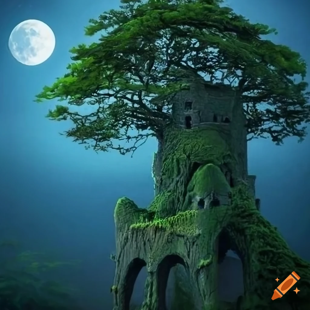 Art nouveau stone-tree castle in moonlight on Craiyon