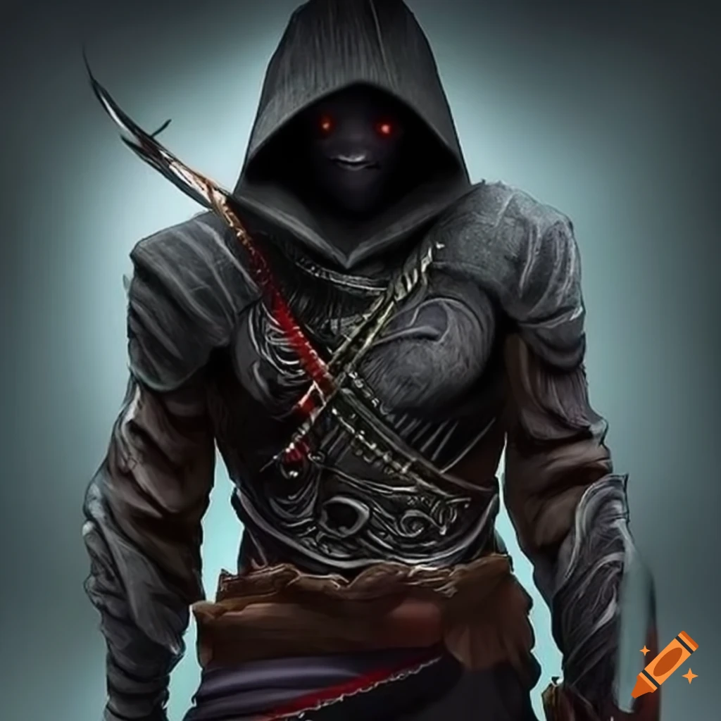 Art of a mysterious assassin with piercing green eyes