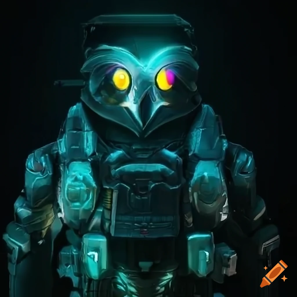 Cyberpunk illustration of a mech duolingo owl person