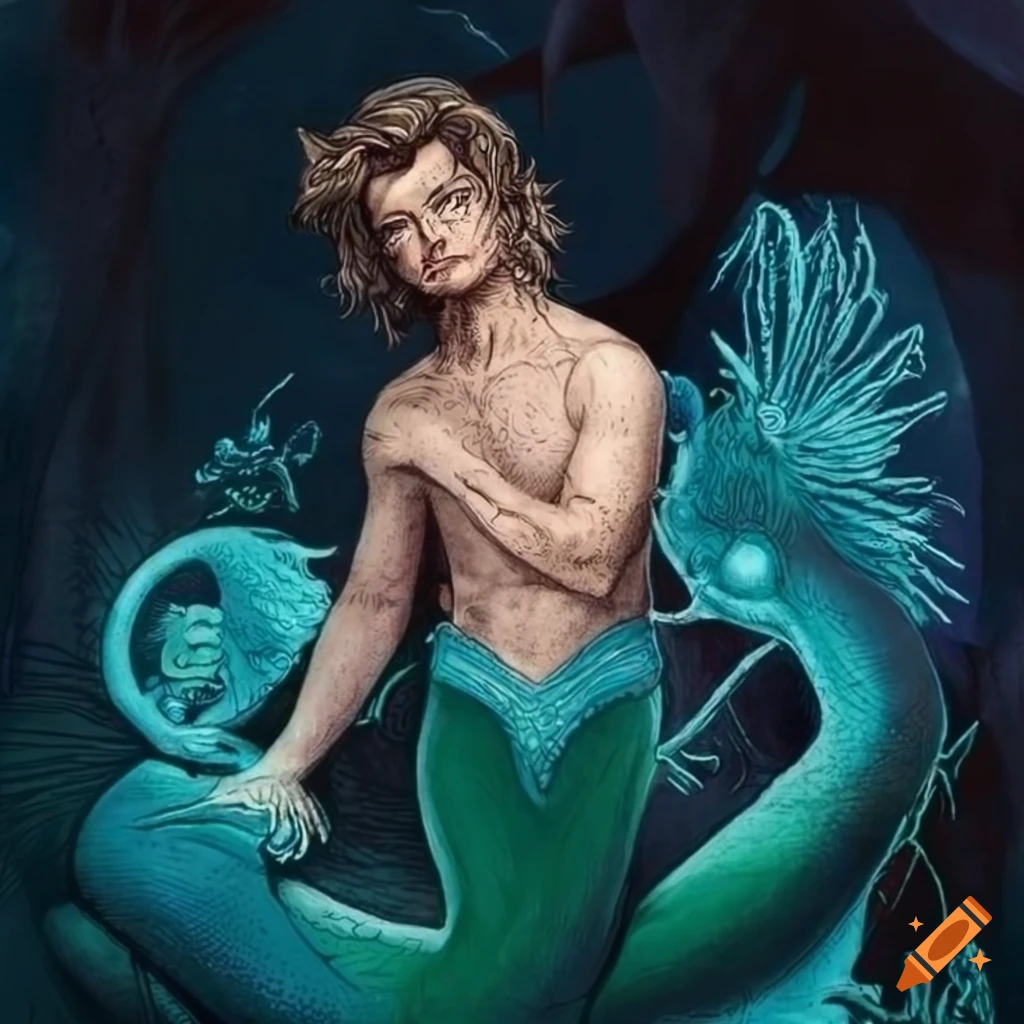 Highly detailed etching of steve harrington as a merman on Craiyon