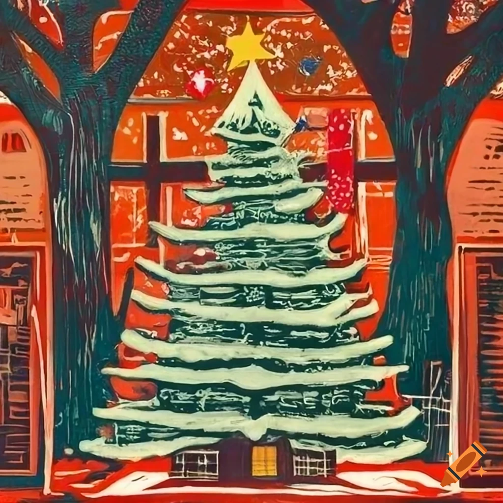 Colorful linocut of a decorated christmas tree in a winter wonderland ...