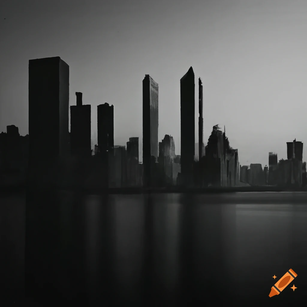 Realistic monochromatic cityscape with atmospheric perspective