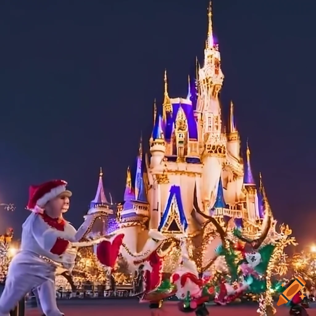 Reindeer dancing in front of cinderella's castle on Craiyon