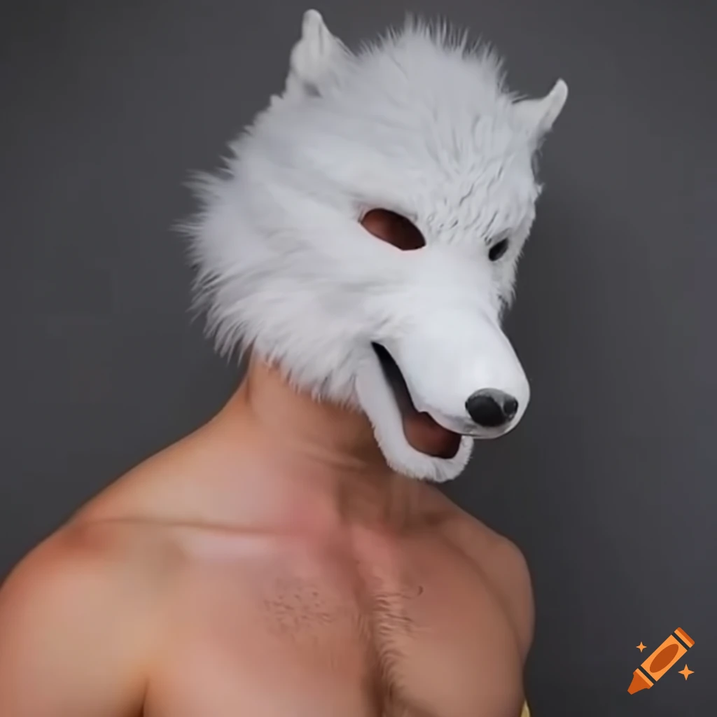 Fitness model wearing a white furry wolf mask