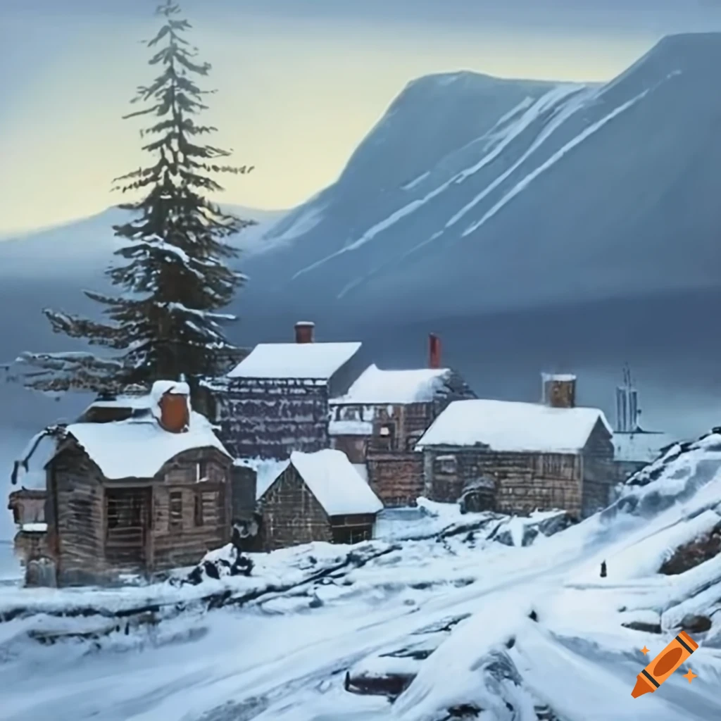 Snow-covered mining town in 1952 on Craiyon