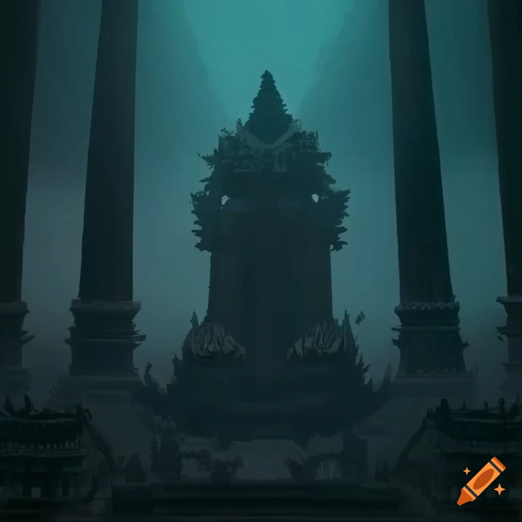Dark temple with a massive guardian statue and pillars on Craiyon