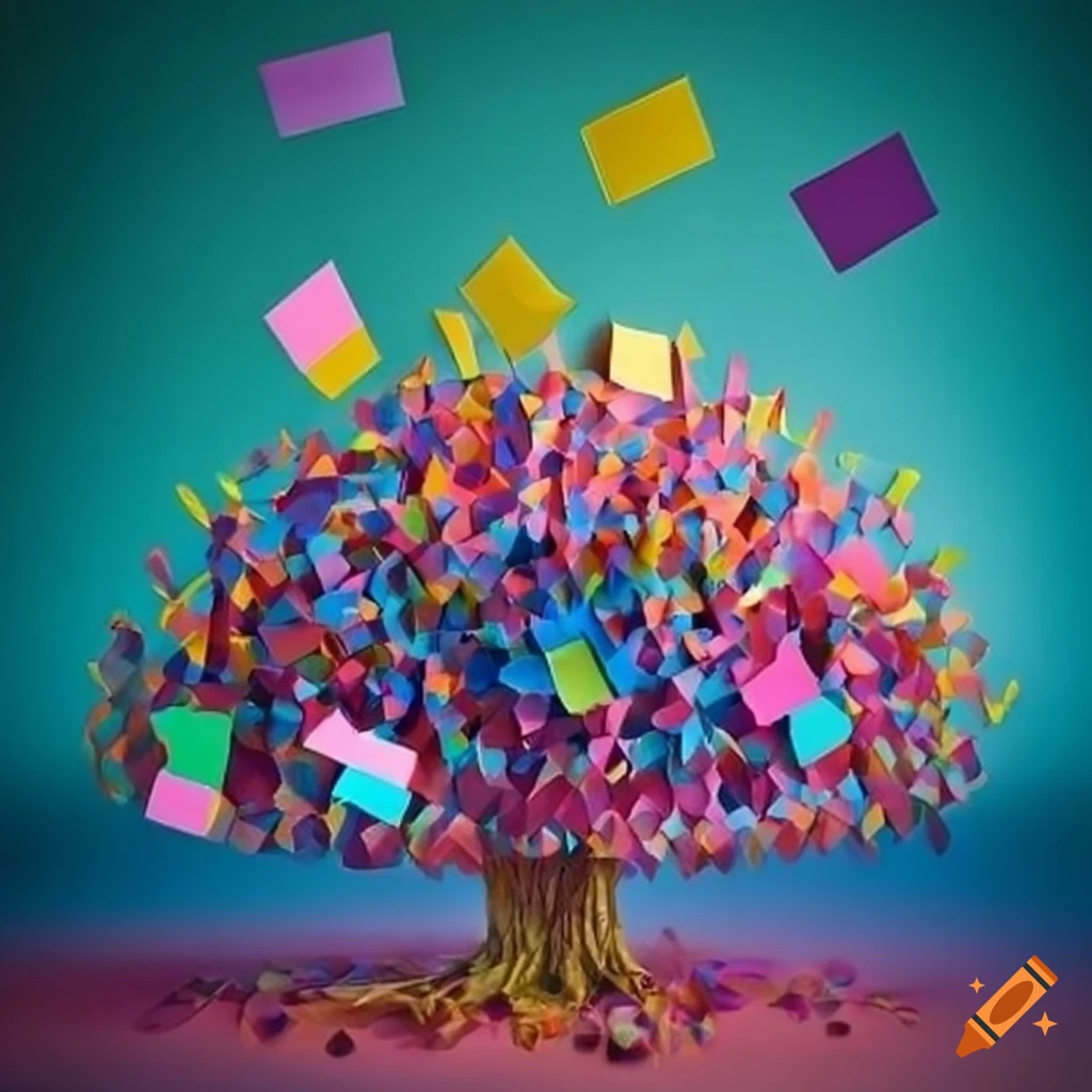 Tree decorated with colorful paper notes on Craiyon