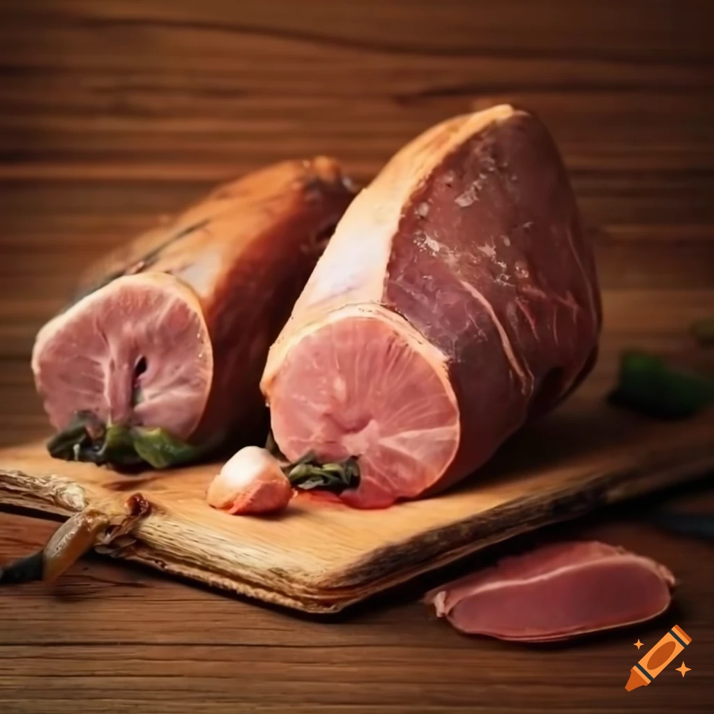 Two whole hams on a wooden table