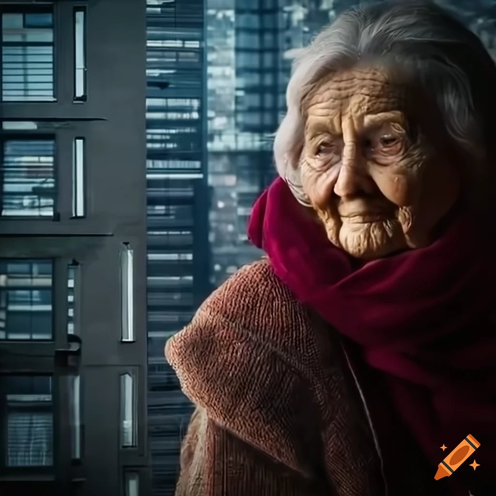 Futuristic city with an old woman in front of a shack on Craiyon