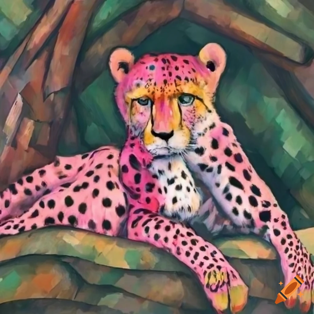 Pink cheetah resting on a tree inspired by paul cézanne on Craiyon