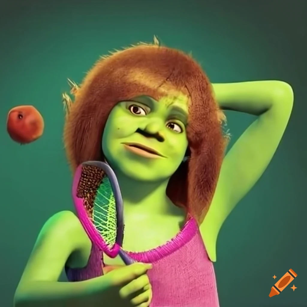 Shrek playing tennis with a little girl