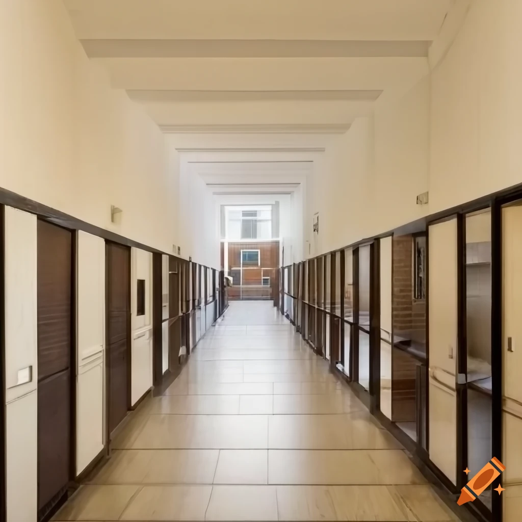 School corridor with classrooms and hall