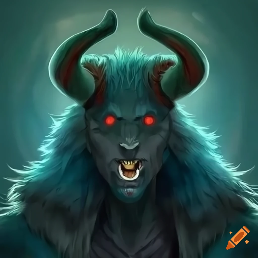 Realistic portrait of a fierce black fursona ram with red curled horns ...