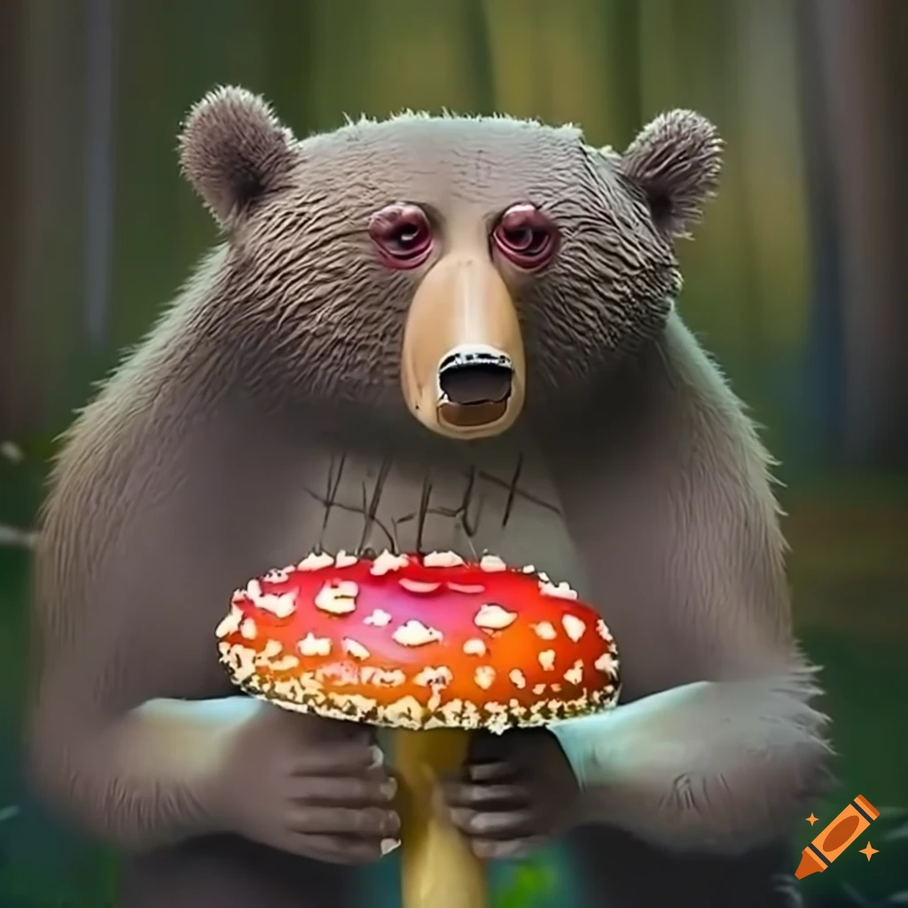 Bear-like creature gathering and enjoying fly agaric mushrooms on Craiyon