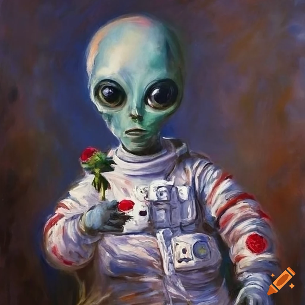 Painting of an alien astronaut holding a red rose on Craiyon