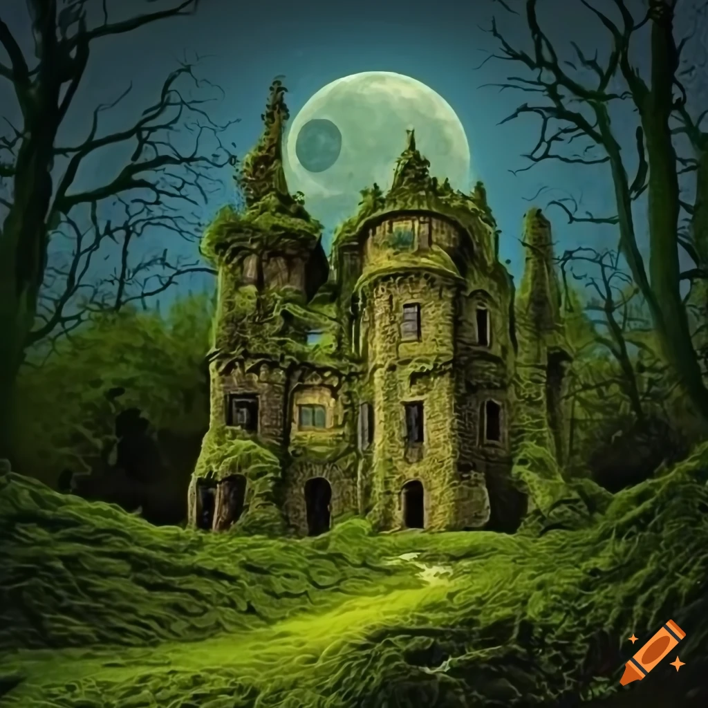 Art nouveau style castle in the moonlight on Craiyon