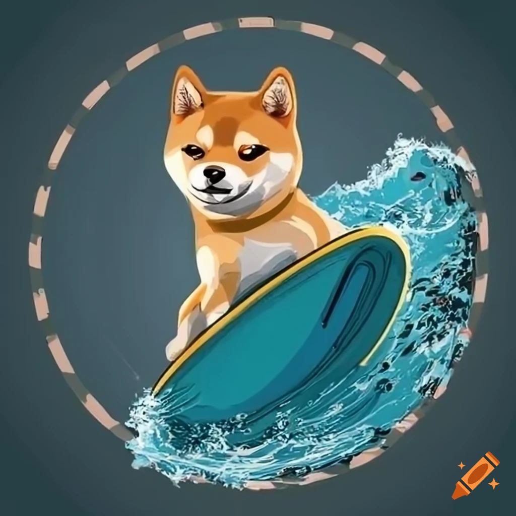 Shiba inu surfing a big wave in circular frame on Craiyon