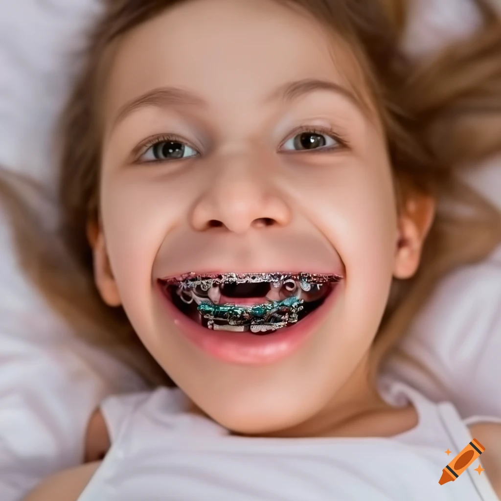 Smiling young girl with silver braces on bed on Craiyon
