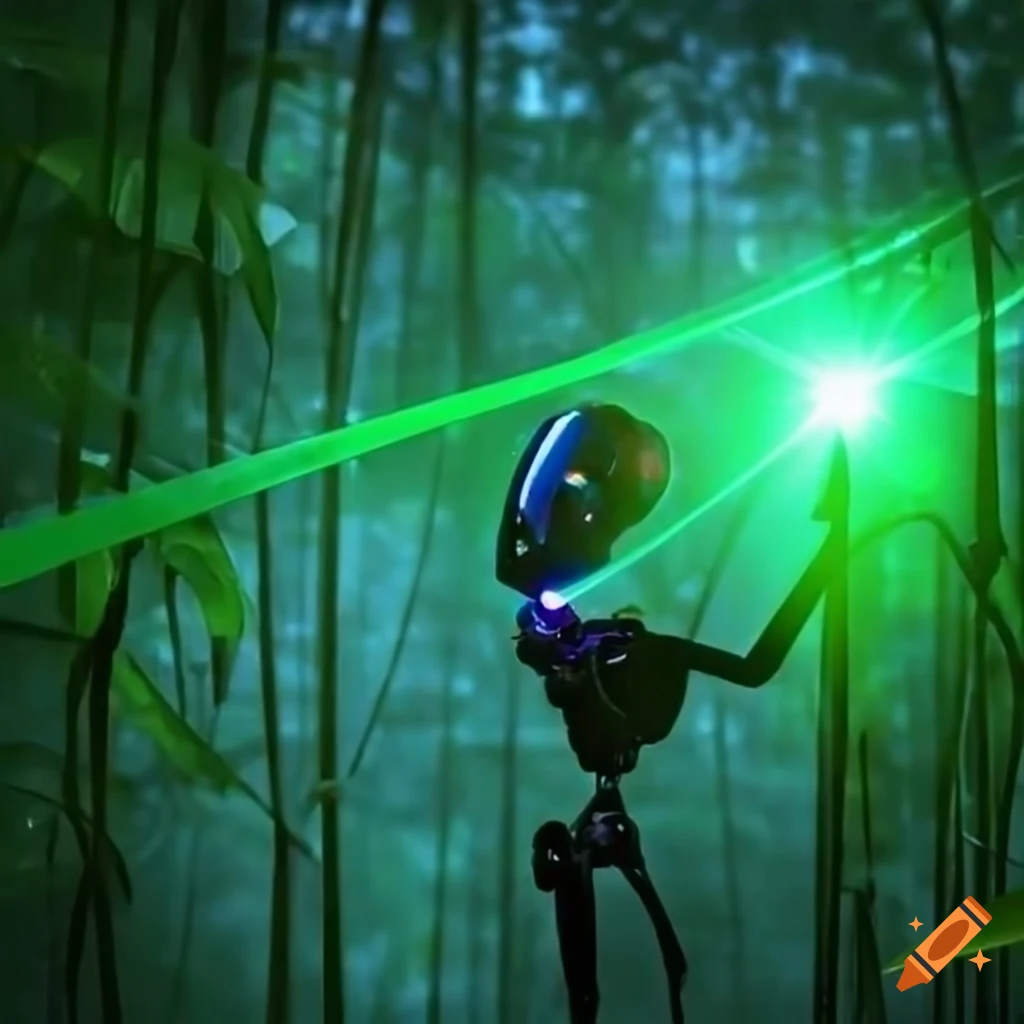 Robot with neon green laser beams in a tropical forest on Craiyon