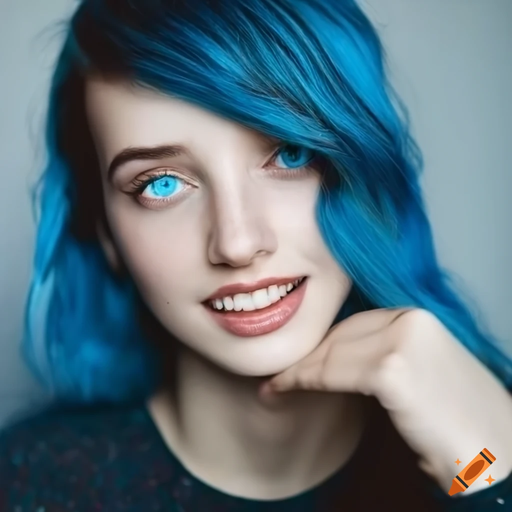 Portrait Of A Young Woman With Blue Hair And Blue Eyes On Craiyon