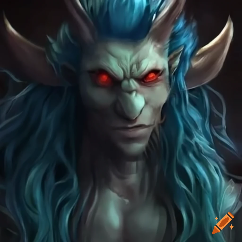 Character design of a green demon beast with blue hair on Craiyon