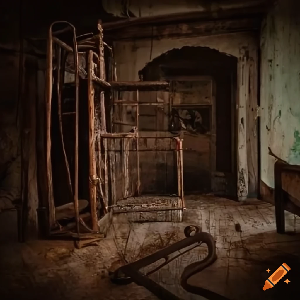 Rustic room with a rusty cage on Craiyon