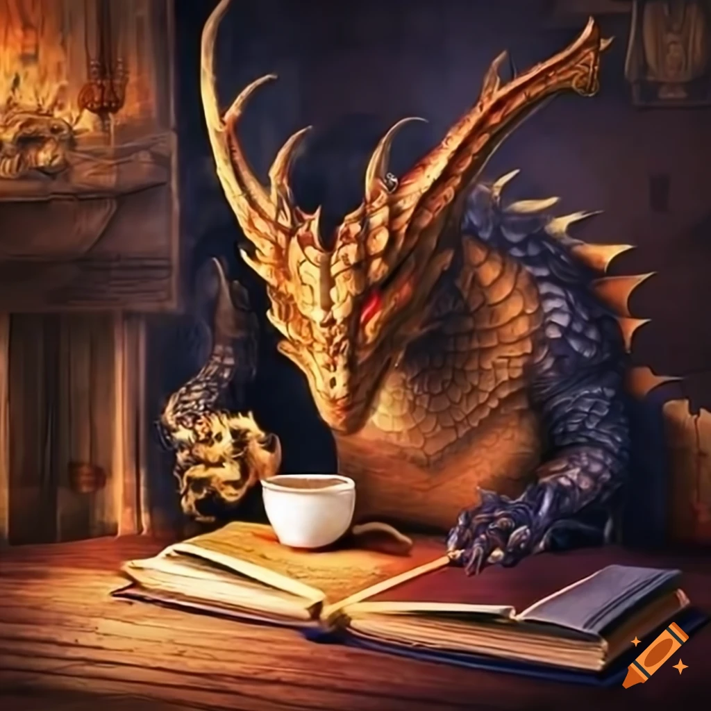 Medieval Dragon reading fantasy books and enjoying coffee on Craiyon