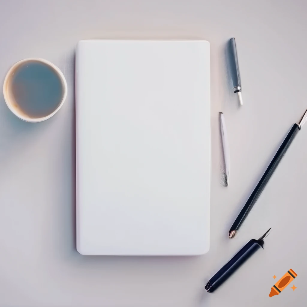 Blank white notebook on a white table with pens and coffee on Craiyon