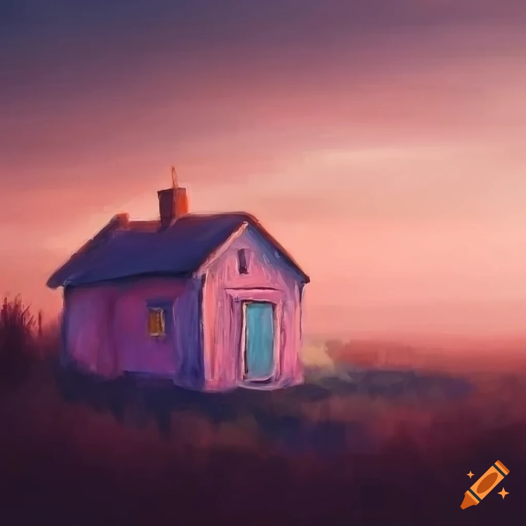 Pastel painting of a cottage with dreamy clouds at sunset on Craiyon